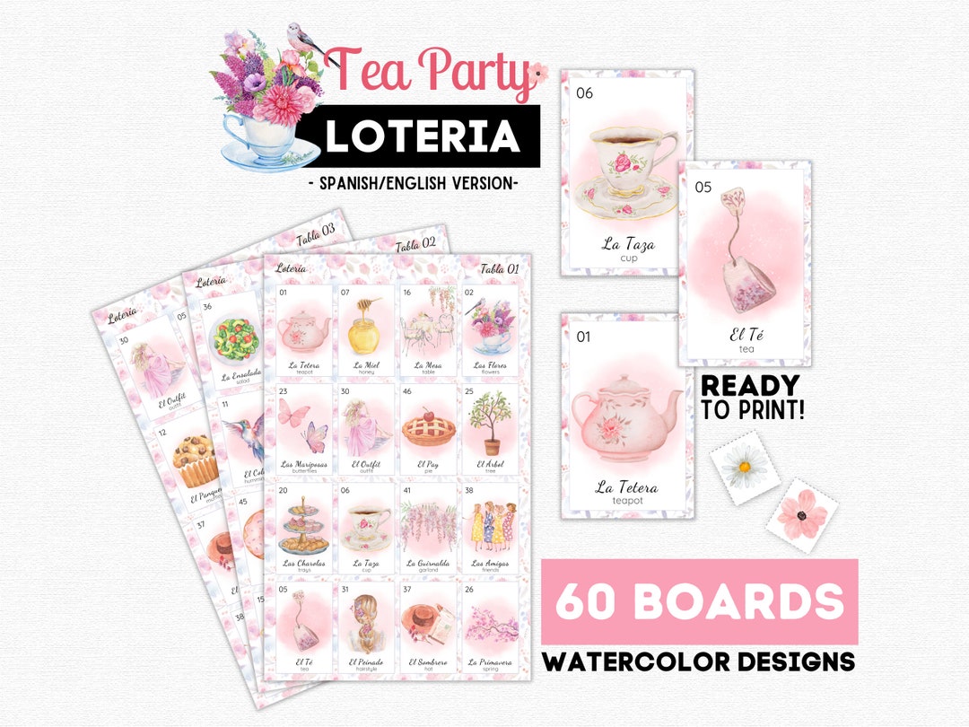 Pink Tea Party Loteria, Tea Party Bingo Set, 60 Boards, Spring Party ...