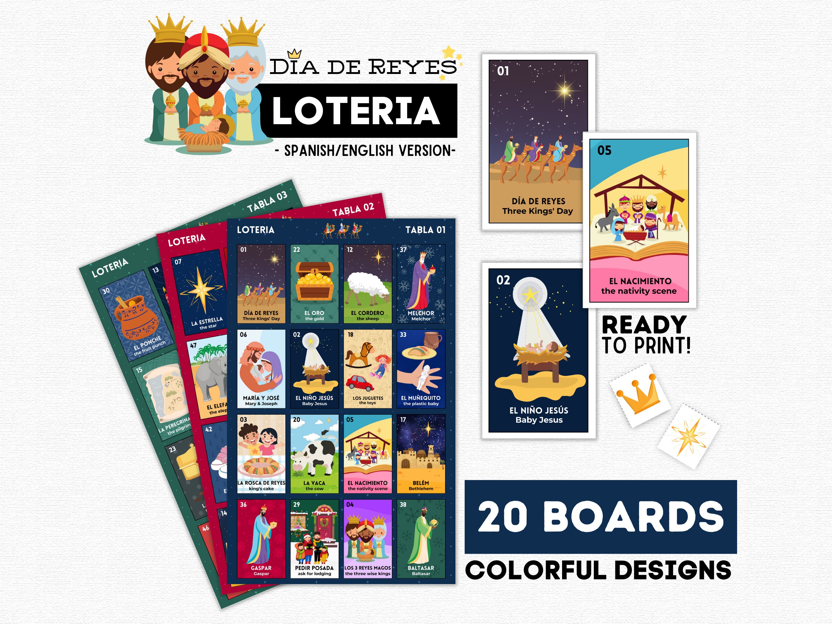 Dia De Reyes Loteria, the Three Kings Bingo Set, 20 Boards, Christmas ...