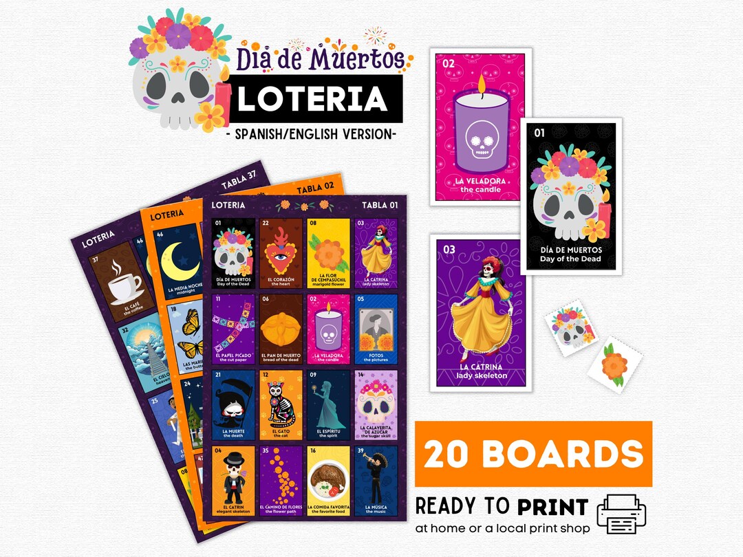 Día De Muertos Loteria , 20 Boards, Bilingual Day of the Dead Bingo ...