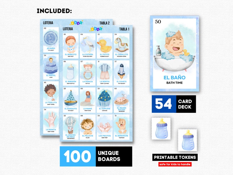 Loteria para Baby Shower de Niño, Loteria Baby Shower Niño, 100 ...