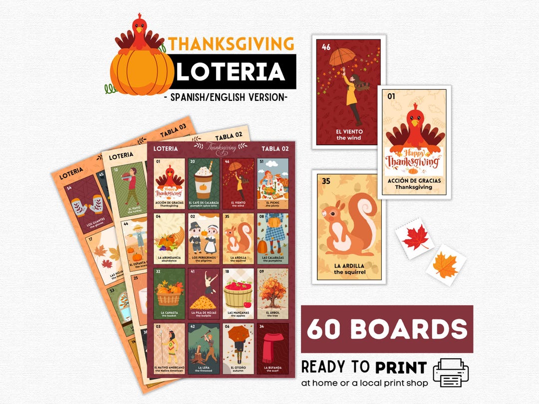 Thanksgiving Loteria, 60 Boards, Bilingual Autumn Bingo Game (digital ...