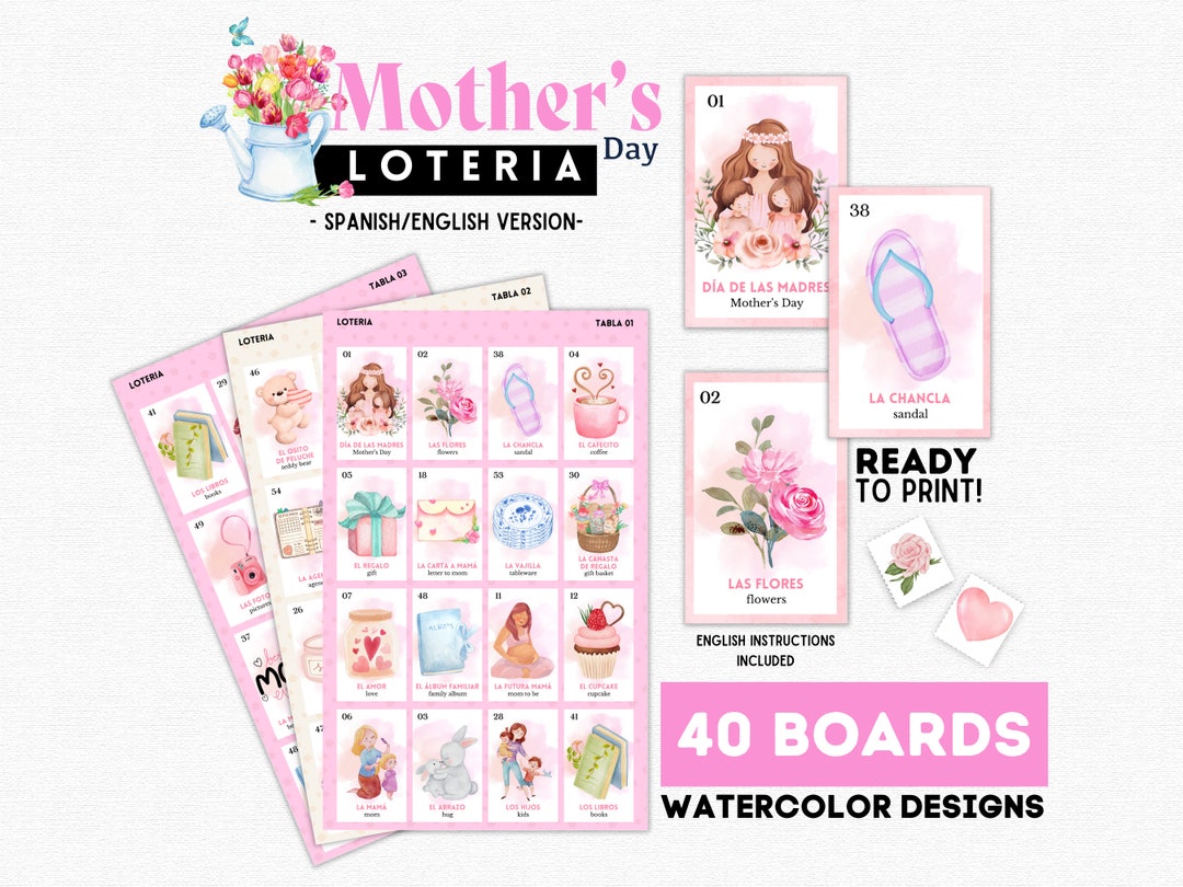 Mother's Day Loteria, Loteria Día De Las Madres, 40 Boards, 54 Calling ...