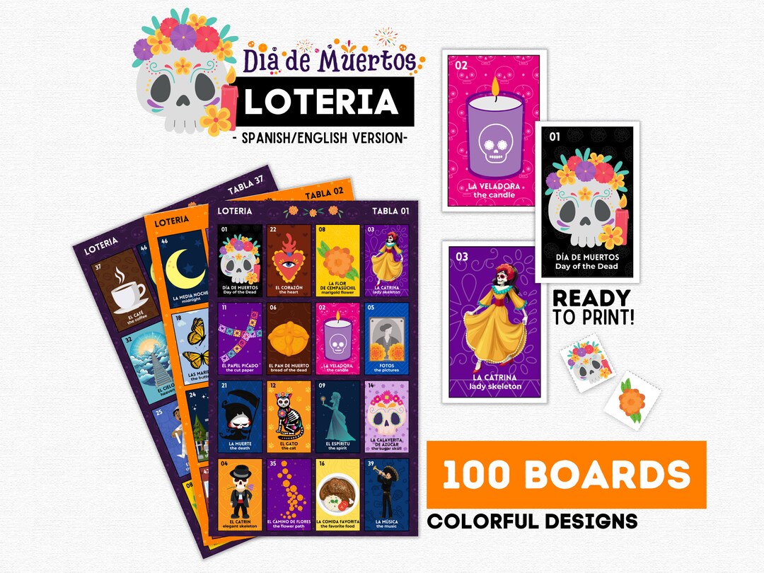 Día De Muertos Loteria, Day of the Dead Bingo, 100 Boards, 48 Cards ...