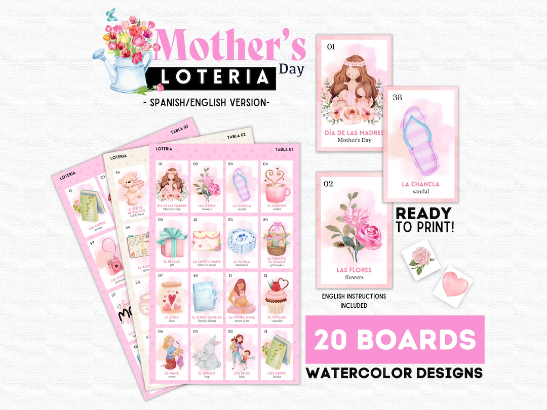 Mother's Day Loteria, Loteria Día De Las Madres, 20 Boards, 54 Calling ...