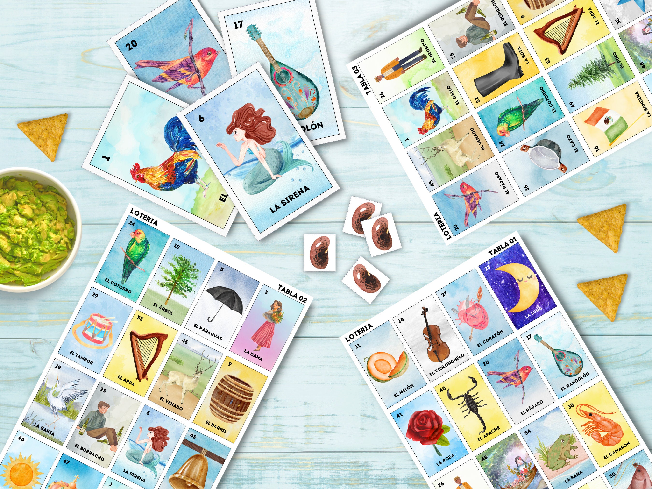 Watercolor Mexican Loteria, Mexican Theme Party Bingo Set, Mexican ...