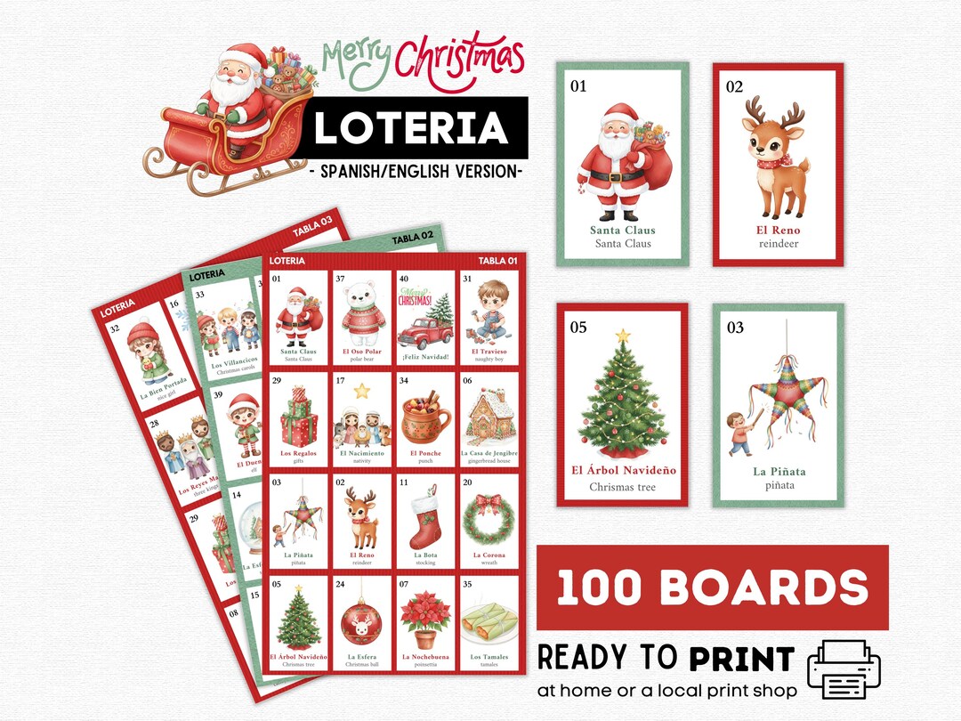 Christmas Loteria, 100 Printable Boards, Loteria Navideña, Bilingual ...