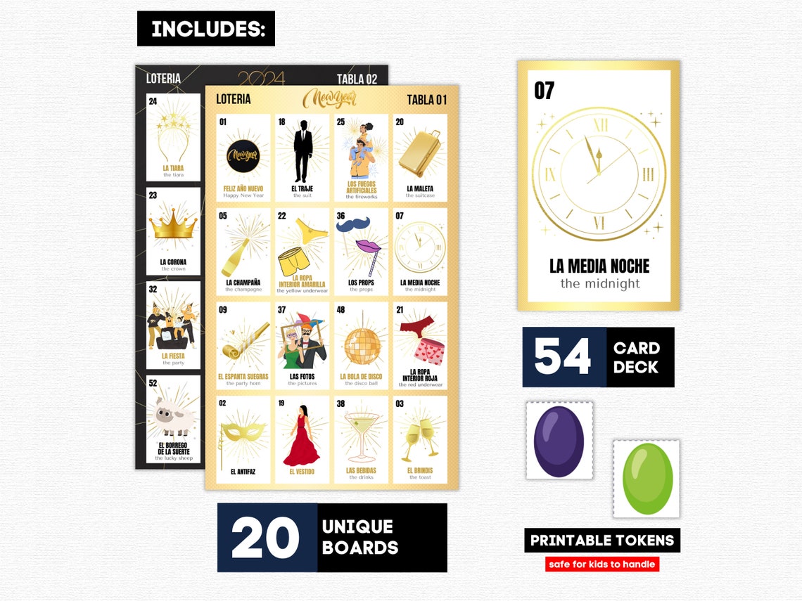 Loteria Año Nuevo, New Year Loteria, 20 Boards, 54 Cards, New Year's ...