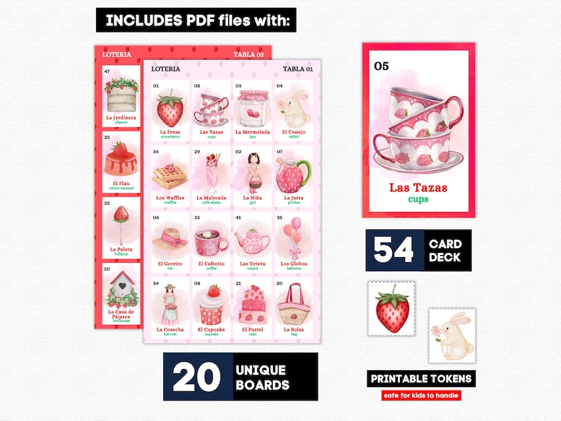 Bilingual Strawberry Party Loteria, Berry First Birthday Bingo Game ...