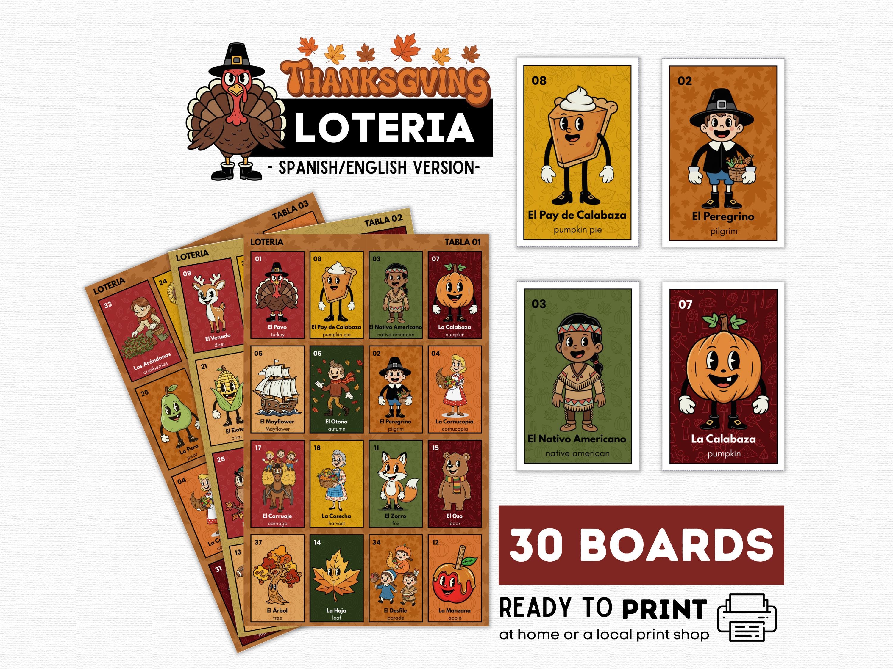 Retro Thanksgiving Loteria, 30 Boards, Bilingual Kid Friendly Autumn ...