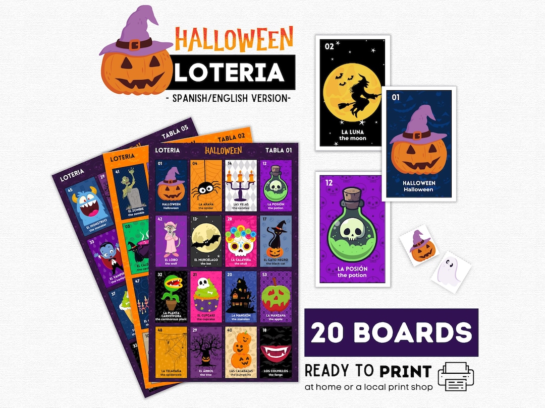 Halloween Loteria, 20 Boards, Bilingual Colorful Spooky Bingo Game ...