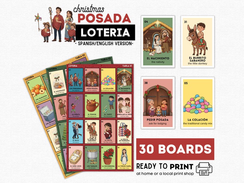 Christmas Posada Loteria, 30 Printable Boards, Multicultural Bilingual ...