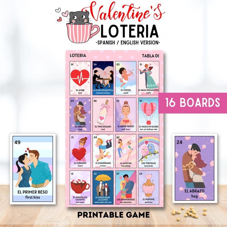 Lotería de San Valentín, 16 tableros imprimibles, Bingo de San Valentín ...
