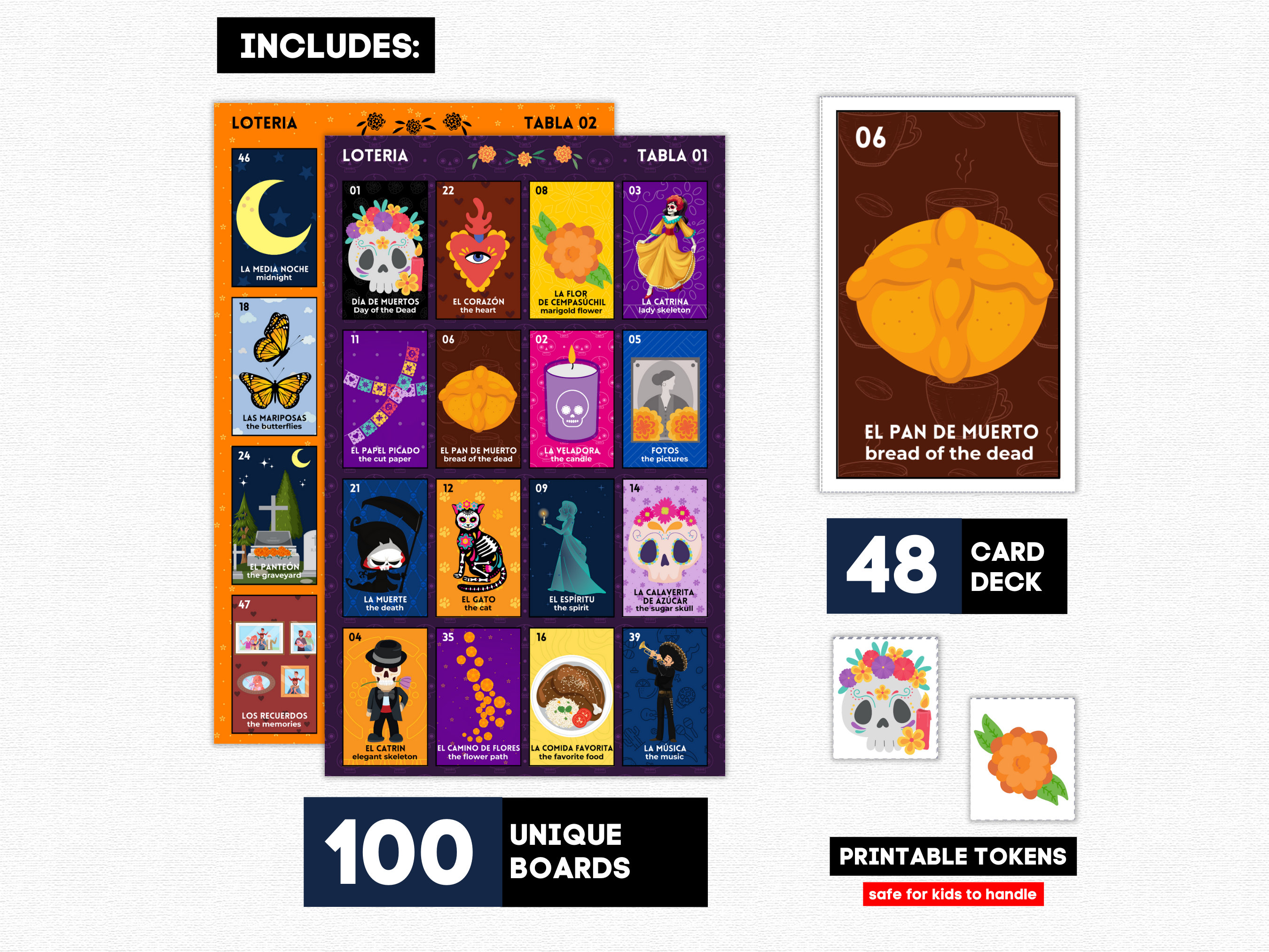 Día De Muertos Loteria, Day of the Dead Bingo, 100 Boards, 48 Cards ...