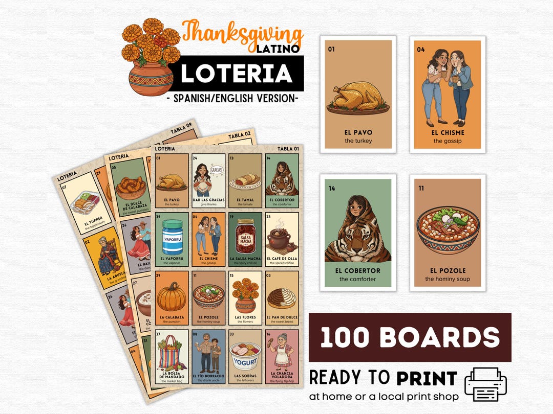 Thanksgiving Latino Loteria, 100 Printable Boards, Multicultural ...