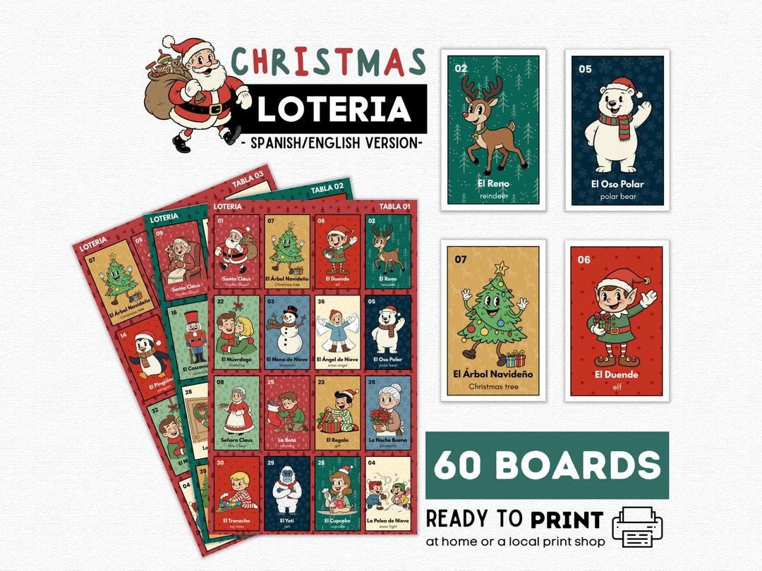 Retro Christmas Loteria, 60 Printable Boards, Loteria Navideña ...