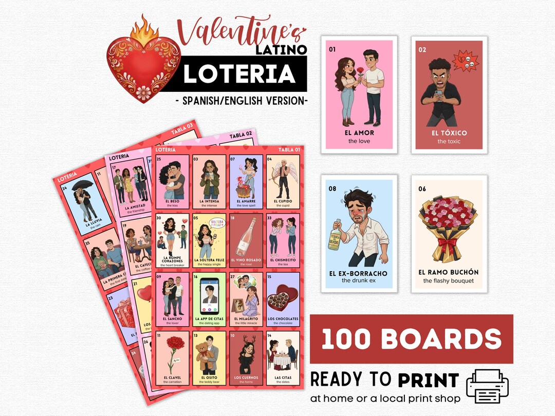 Lotería Latina de San Valentín, 100 tableros imprimibles, Bingo Latino ...
