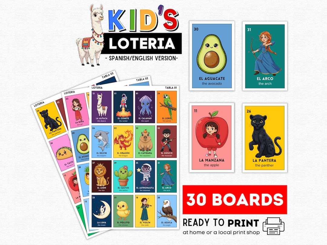 Colorful Kid's Loteria, Bilingual Kid Friendly Mexican Birthday Bingo ...