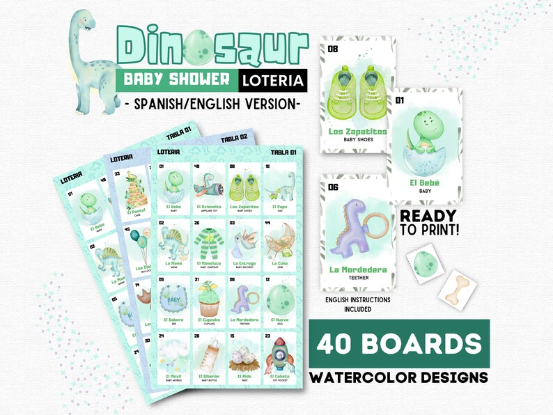 Dinosaur Baby Shower Loteria, Loteria Baby Shower Dinosaurios, 40 ...