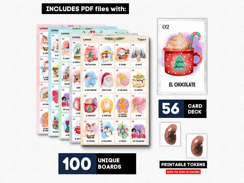 Loteria Navideña, 100 Boards, Spanish Christmas Holiday Bingo, (digital ...
