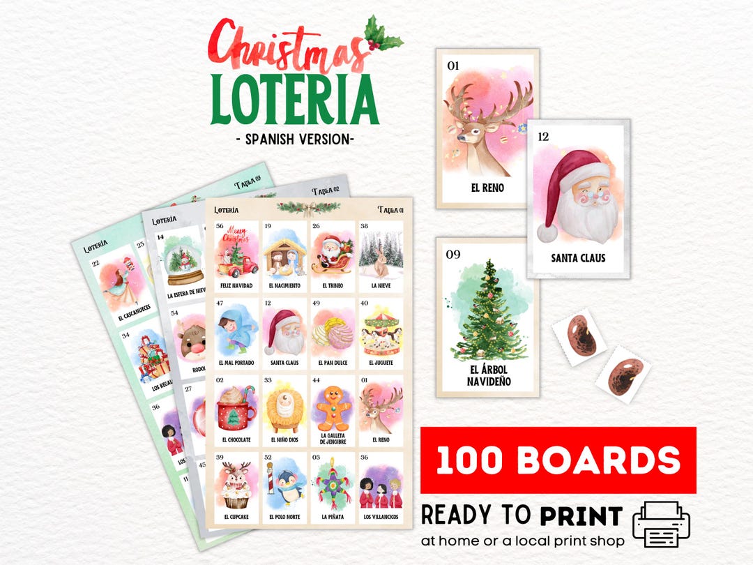 Loteria Navideña, 100 Boards, Spanish Christmas Holiday Bingo, (digital ...