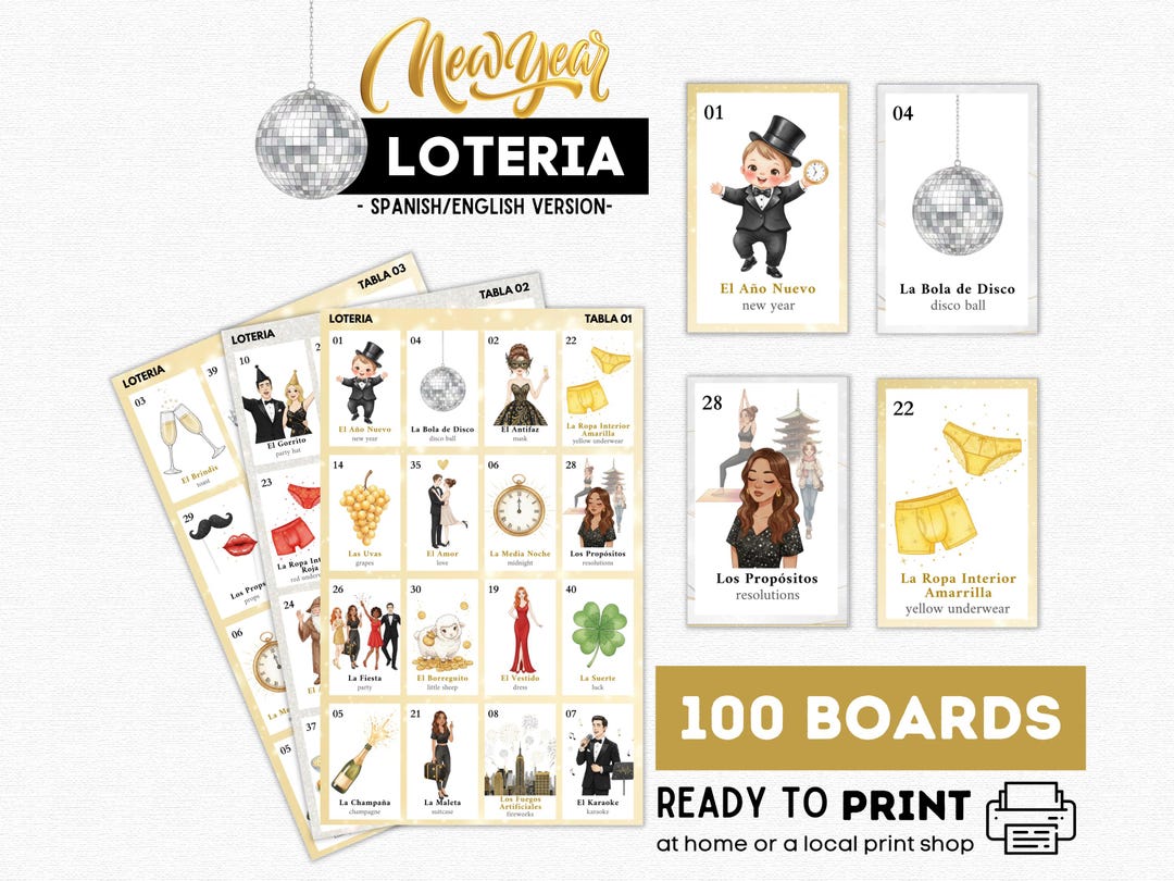 Loteria de Año Nuevo, 100 Tableros Imprimibles, Bingo Bilingüe de Año ...