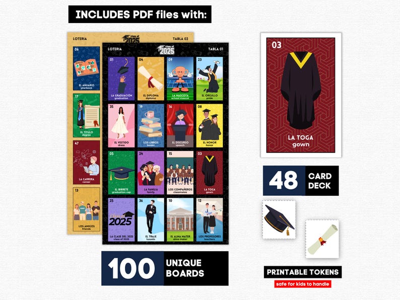Graduation Loteria Class of 2025, 100 Printable Boards, High School ...