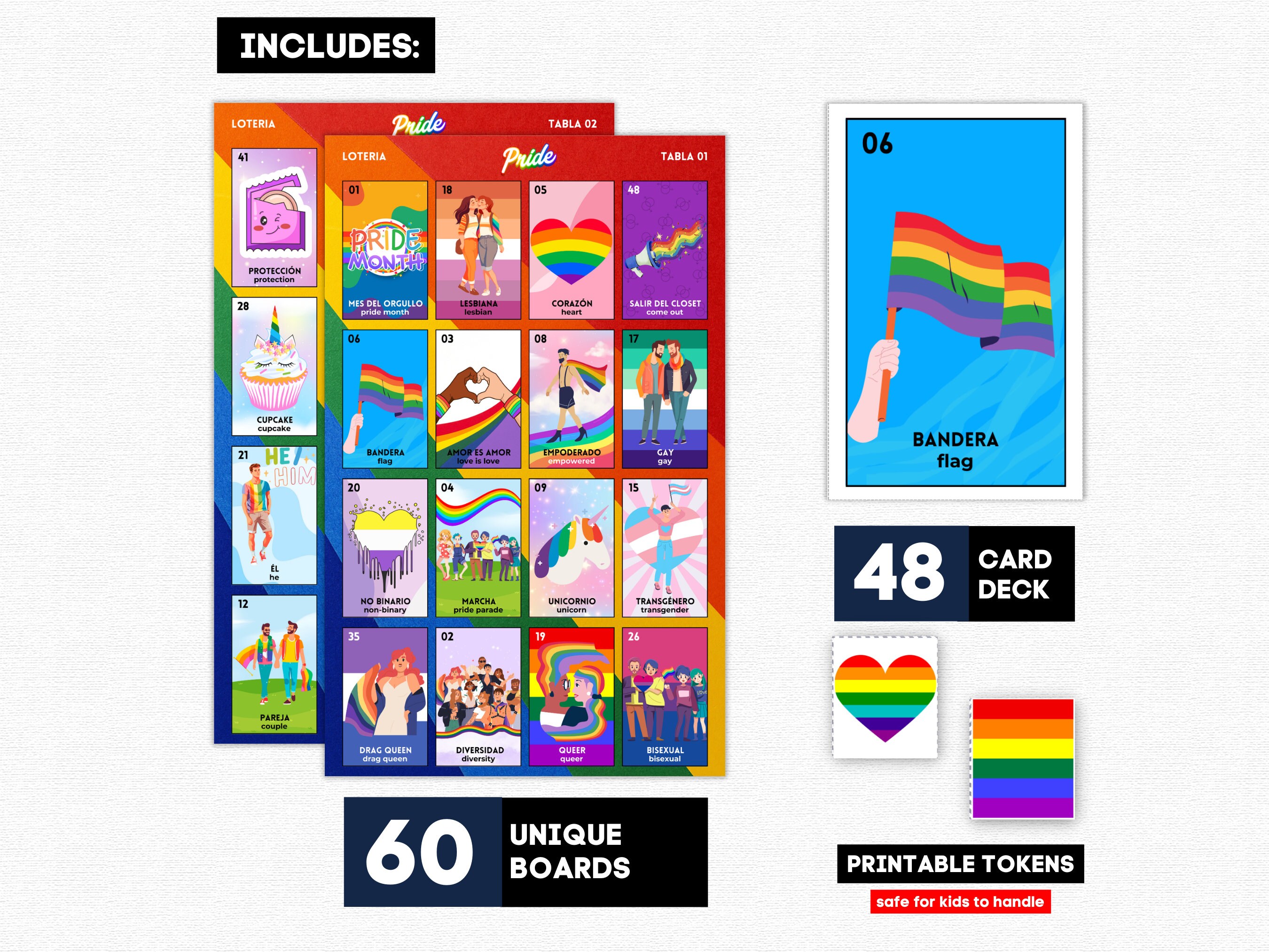 Pride Month Loteria, 60 Boards, Loteria LGBTQ, Rainbow Pride Bingo ...