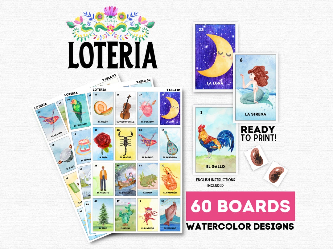Printable Mexican Loteria Game, 60 CARDS PDF Watercolor Classic Edition ...