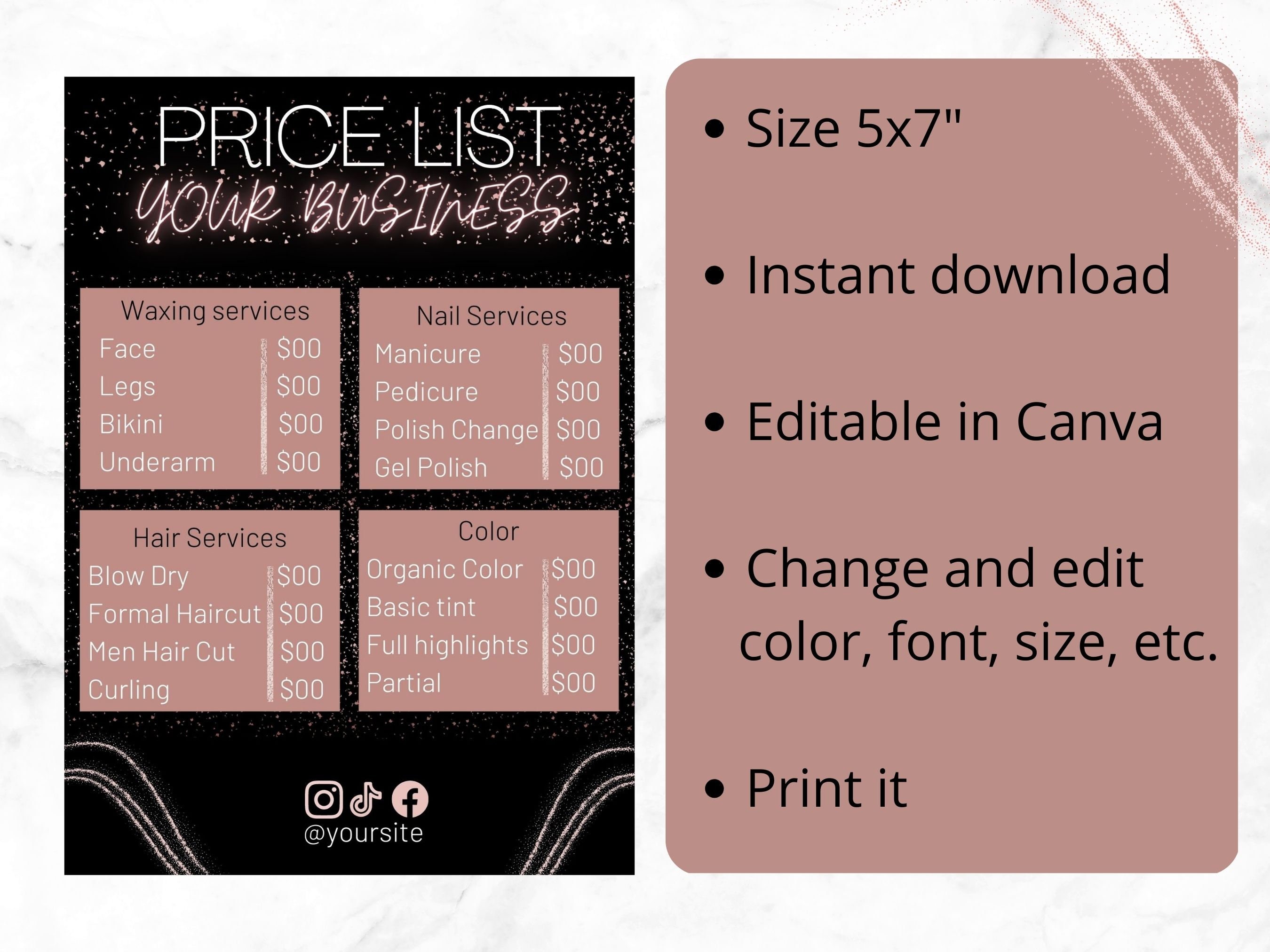 Price List, Price List Template, Editable Price Template Canva, Beauty ...