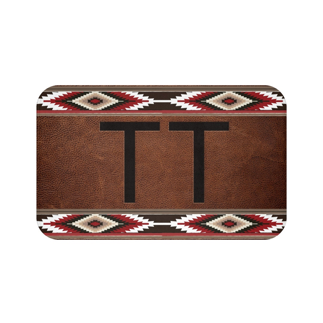CUSTOM CATTLE BRAND Bath Mat Red Aztec Leather Print Ranch Country ...