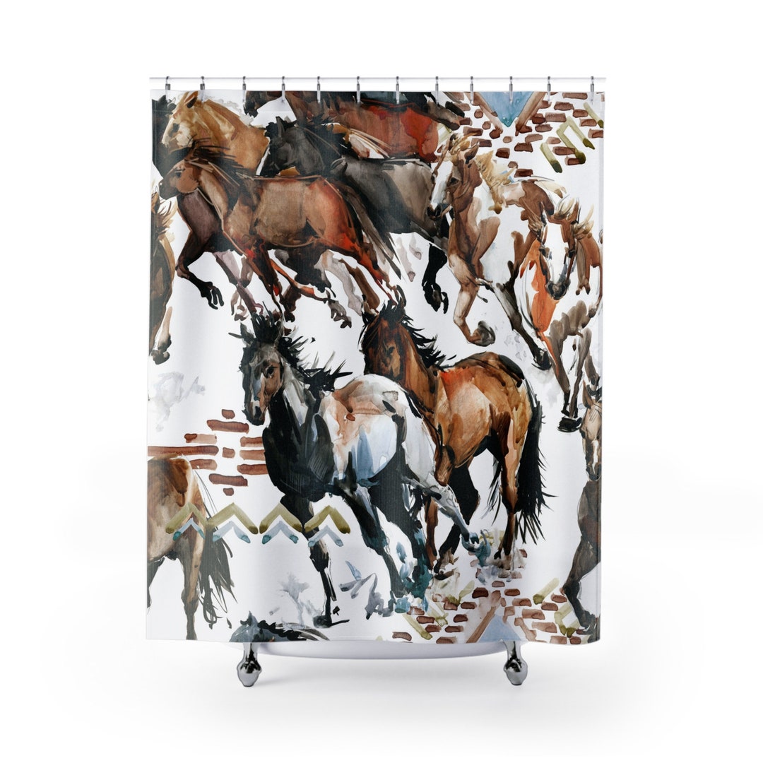 Western Rustic Horse Shower Curtain Bathroom Decor Watercolor Style ...