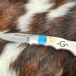 CUSTOM CATTLE BRAND Folding Pocket Knife Bone Handle Engraved ...