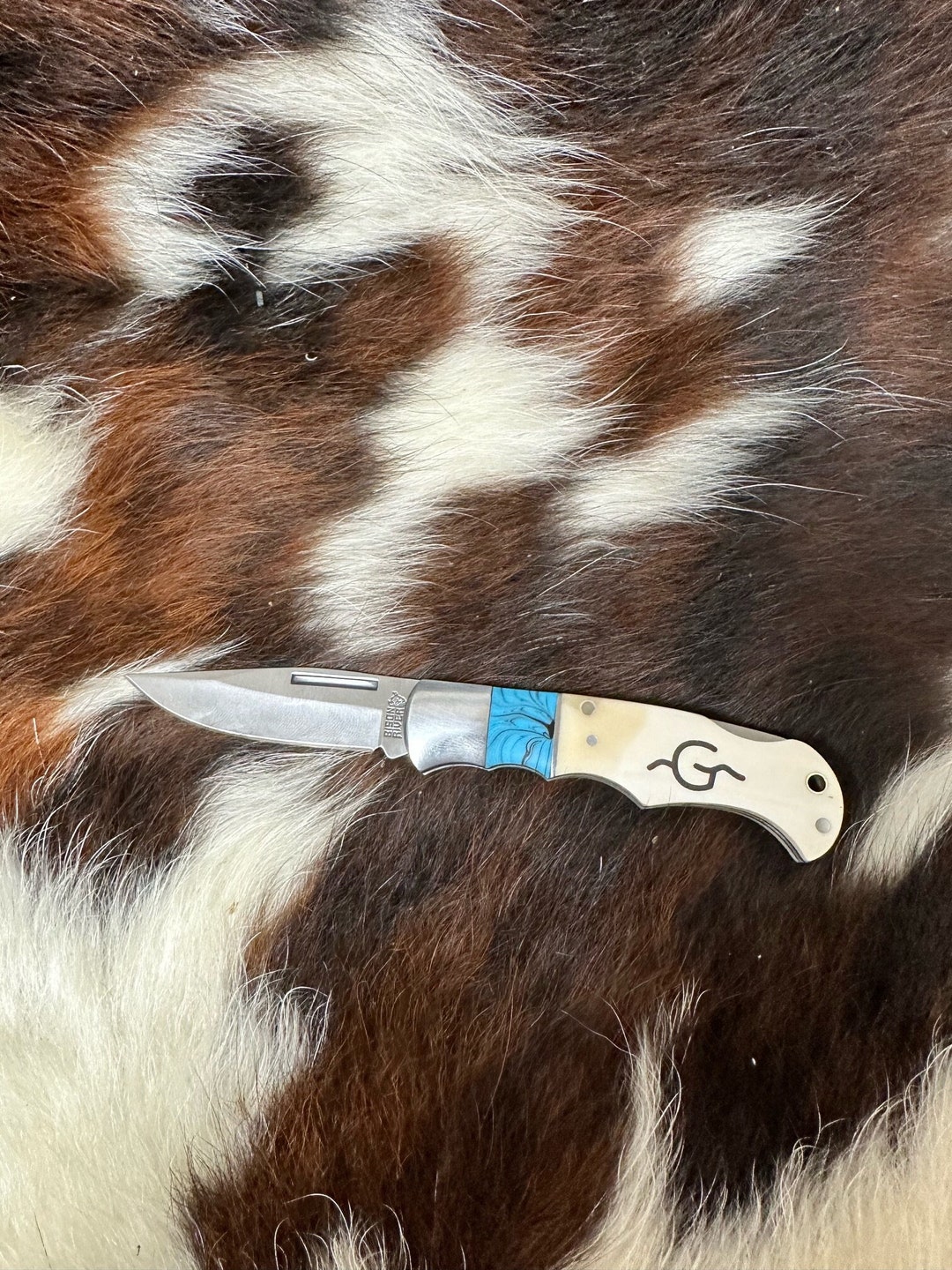 CUSTOM CATTLE BRAND Folding Pocket Knife Bone Handle Engraved ...