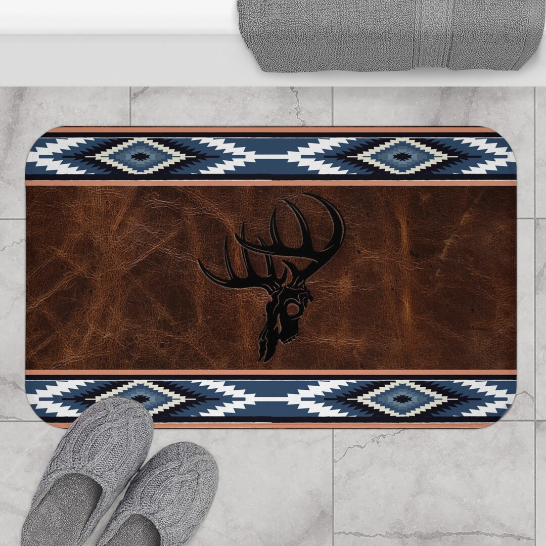 Deer Skull Blue Aztec Western Bath Mat Rustic Ranch Bathroom Home Decor ...