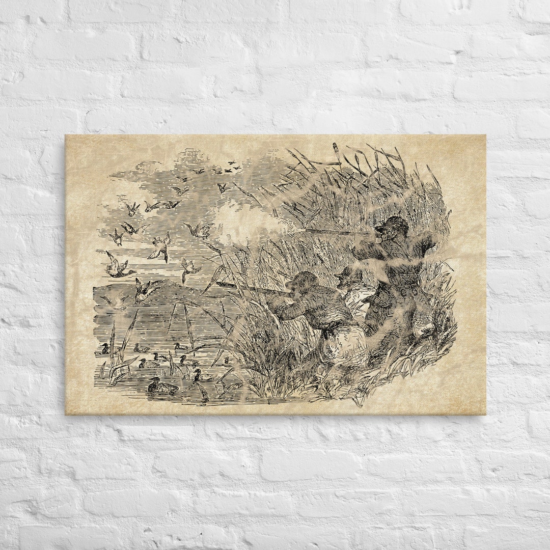 Retro Engraved Vintage Distressed Duck Hunting Scene Canvas Wall Decor ...
