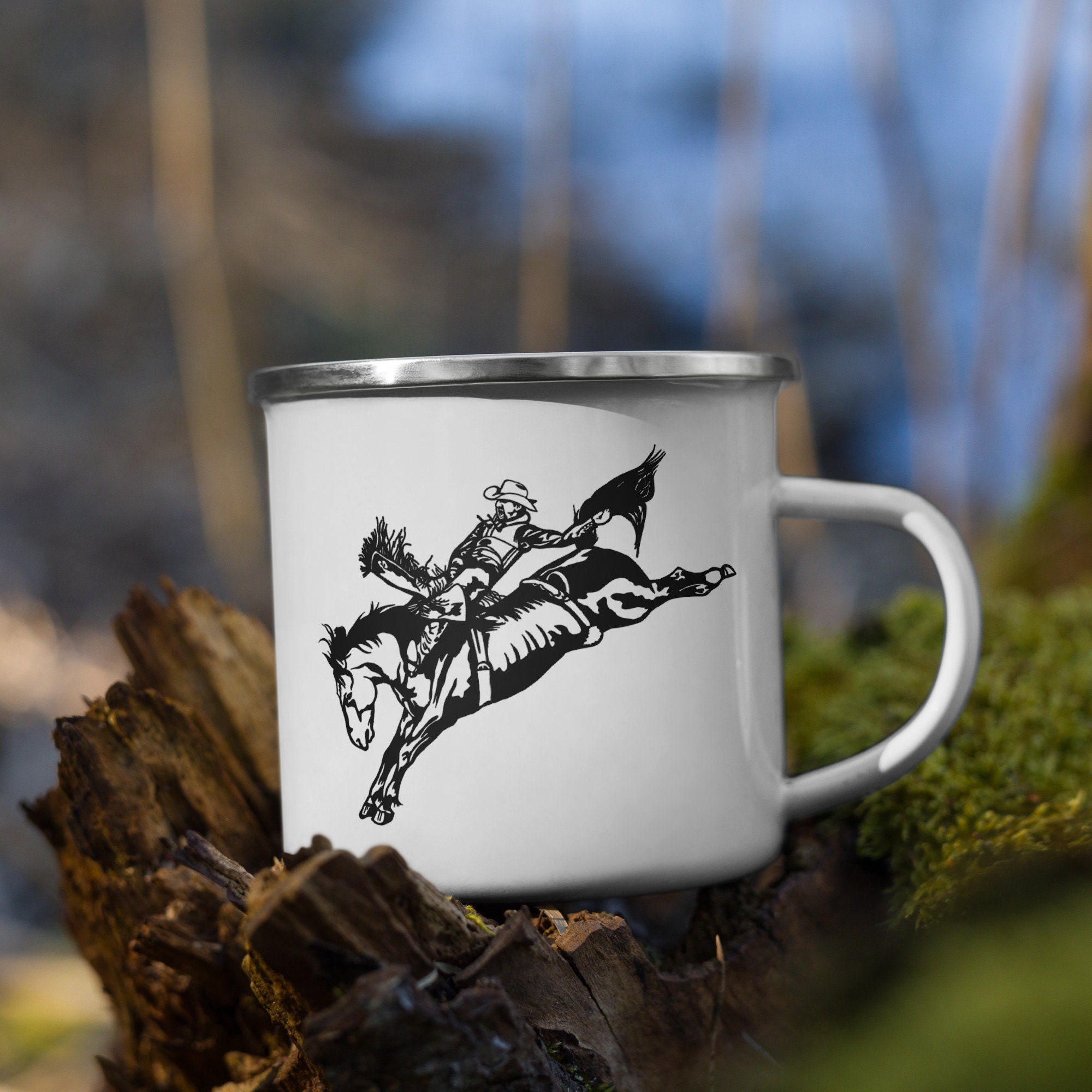 Rodeo Saddle Bronc Rider Garrett Shadbolt Enamel Coffee Mug Western ...