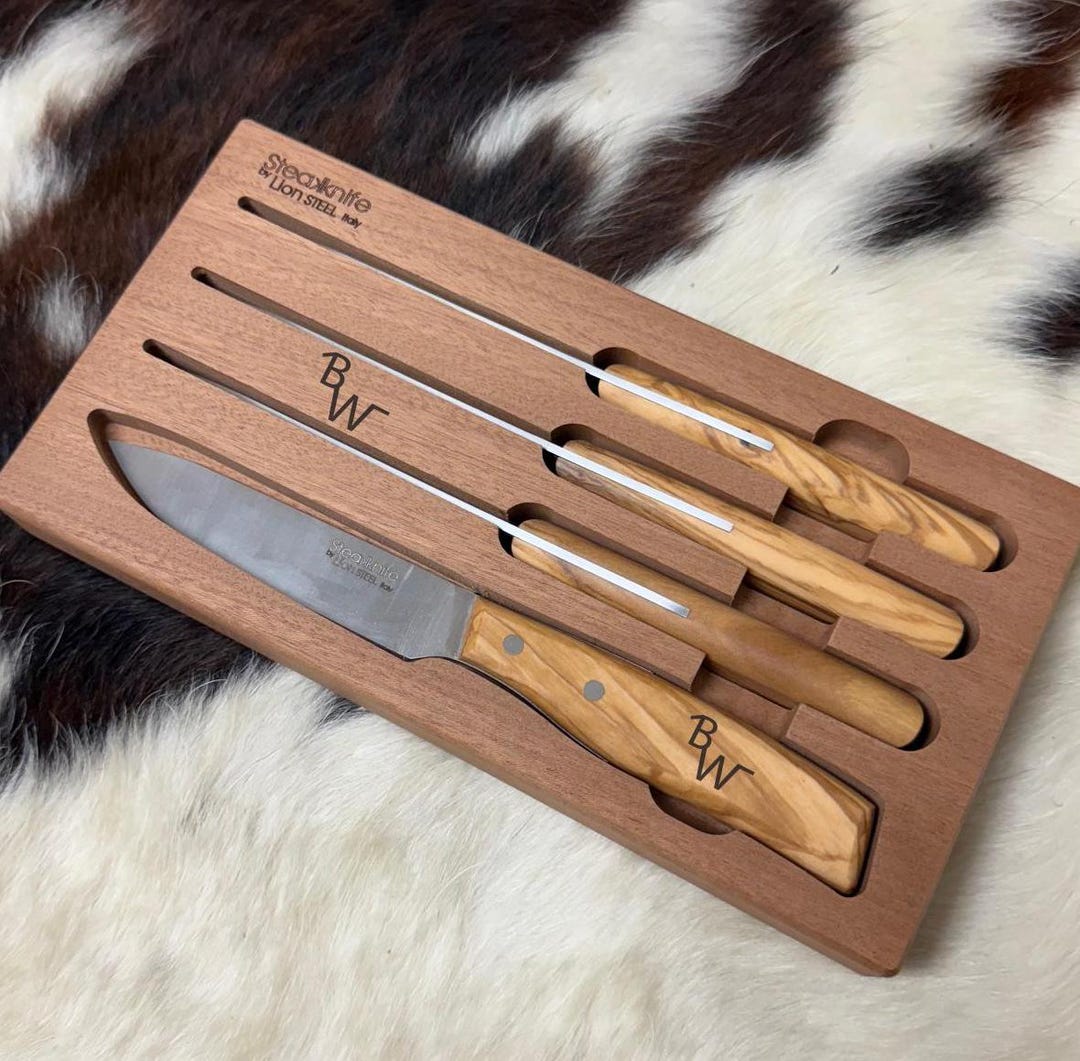 CUSTOM CATTLE BRAND Personalized Steak Knives Italian Olive Wood Handle ...