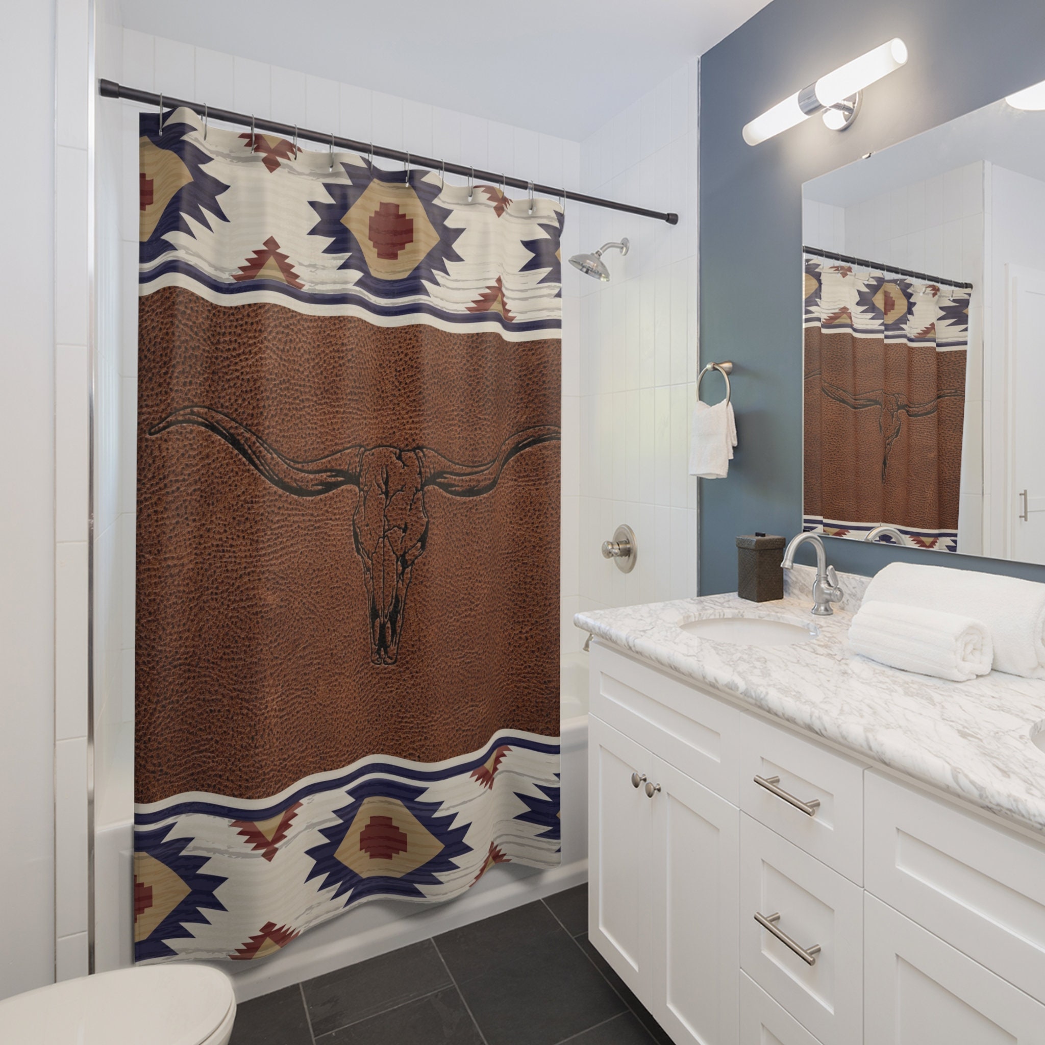 Texas Longhorn Aztec Rustic Western Shower Curtain Leather Print ...