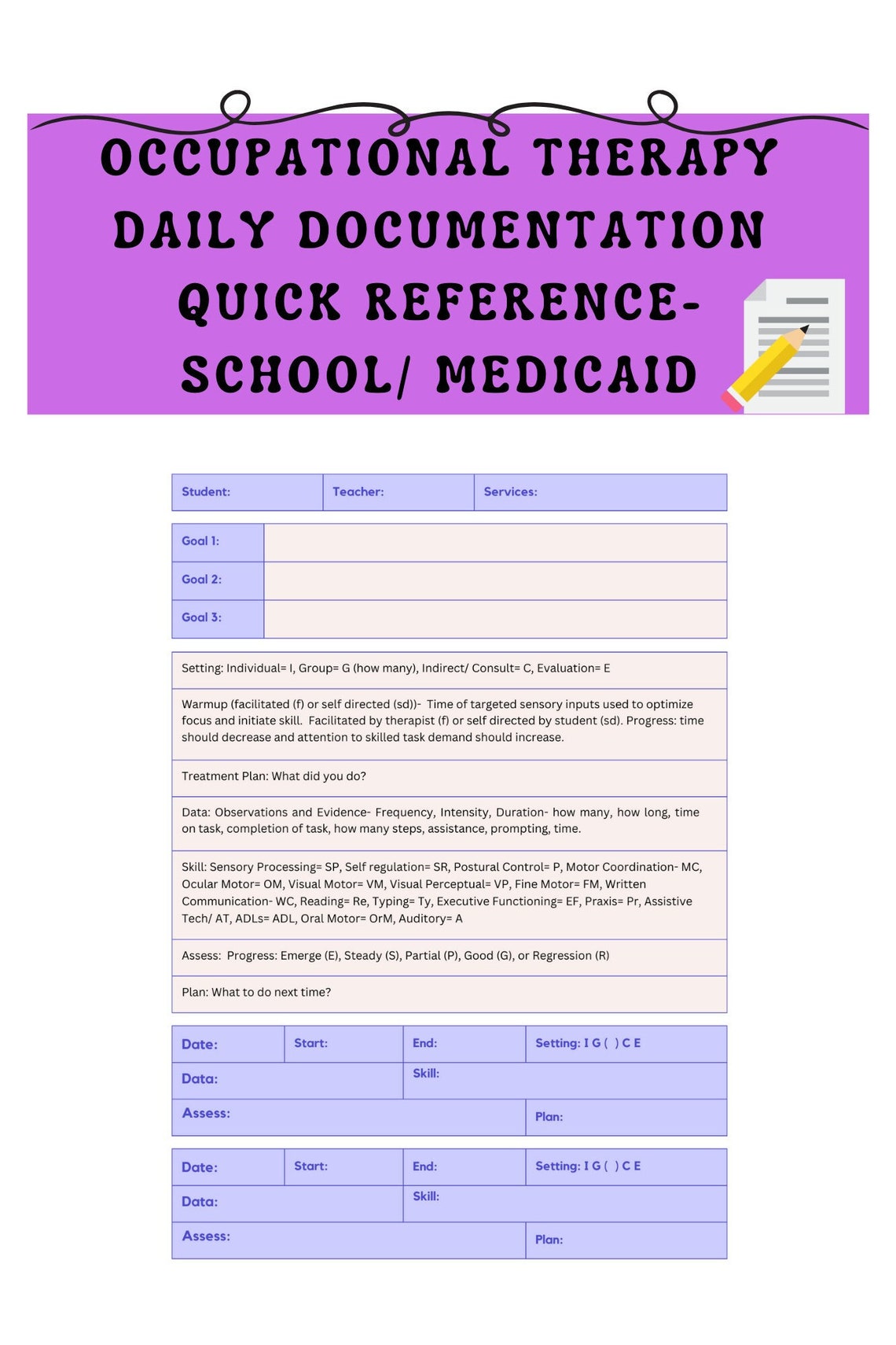 Occupational Therapy Daily Documentation - Etsy