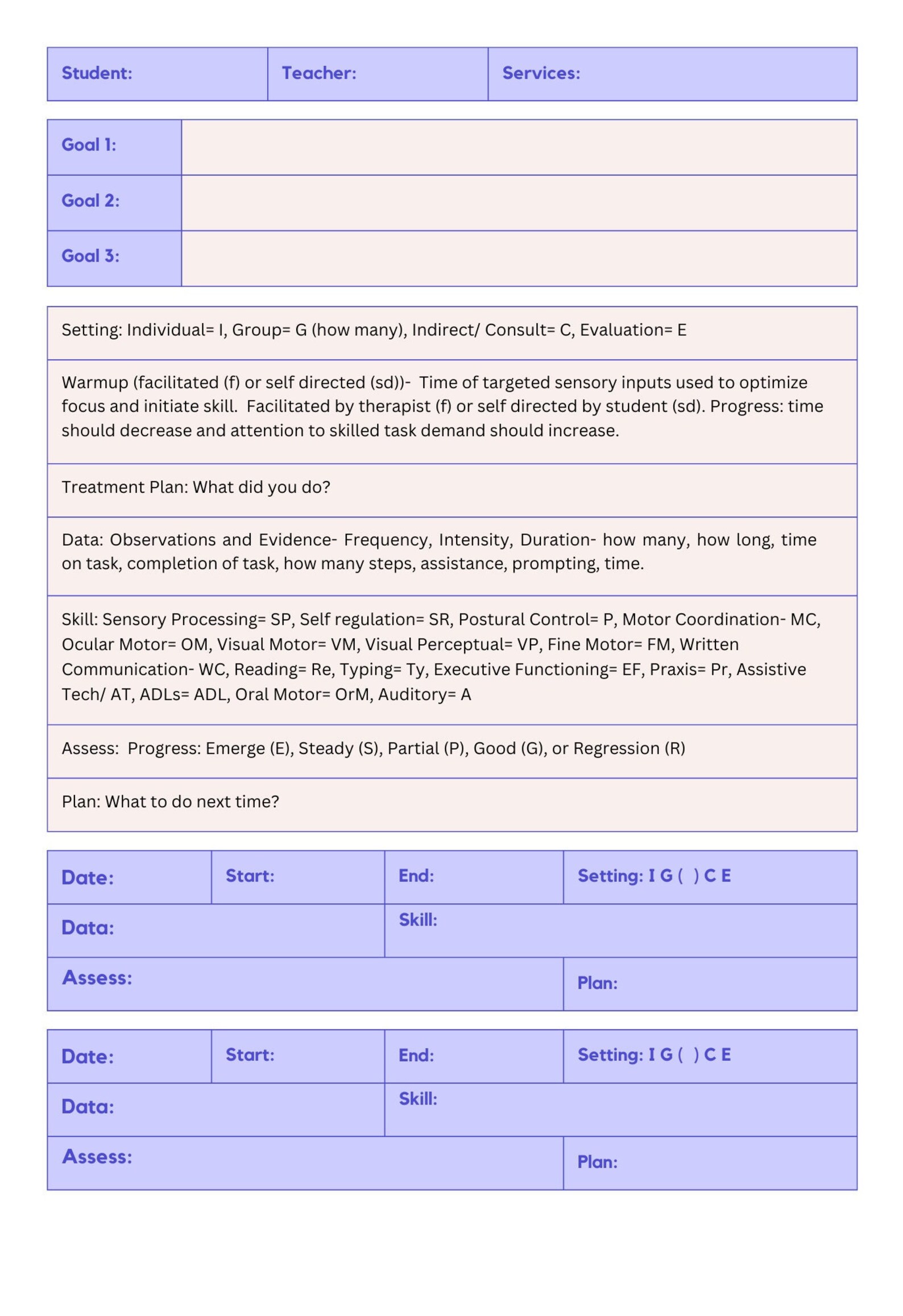 Occupational Therapy Daily Documentation - Etsy