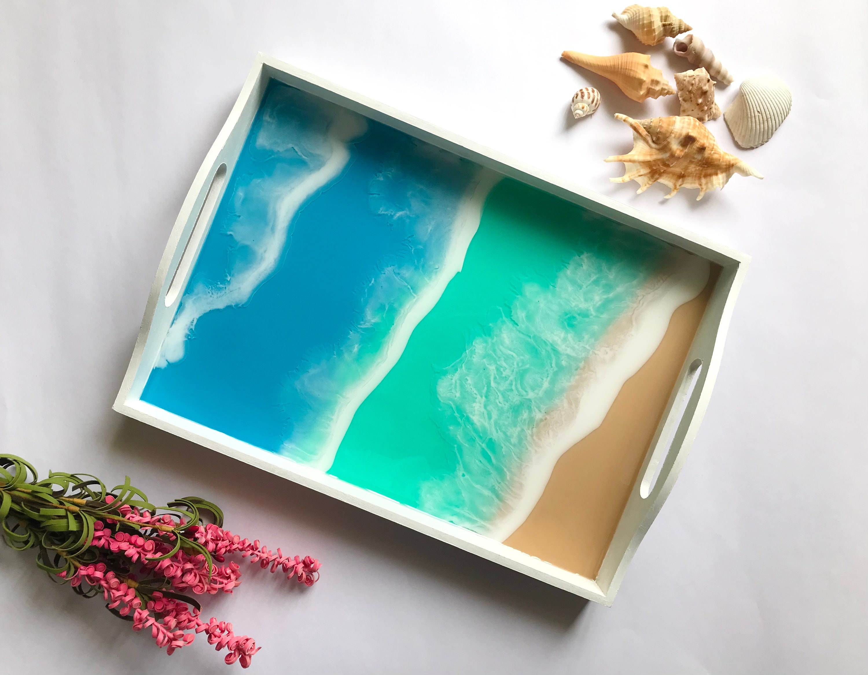 Ocean Resin Serving Tray, White Rectangle Beach Tray, Coastal Home ...