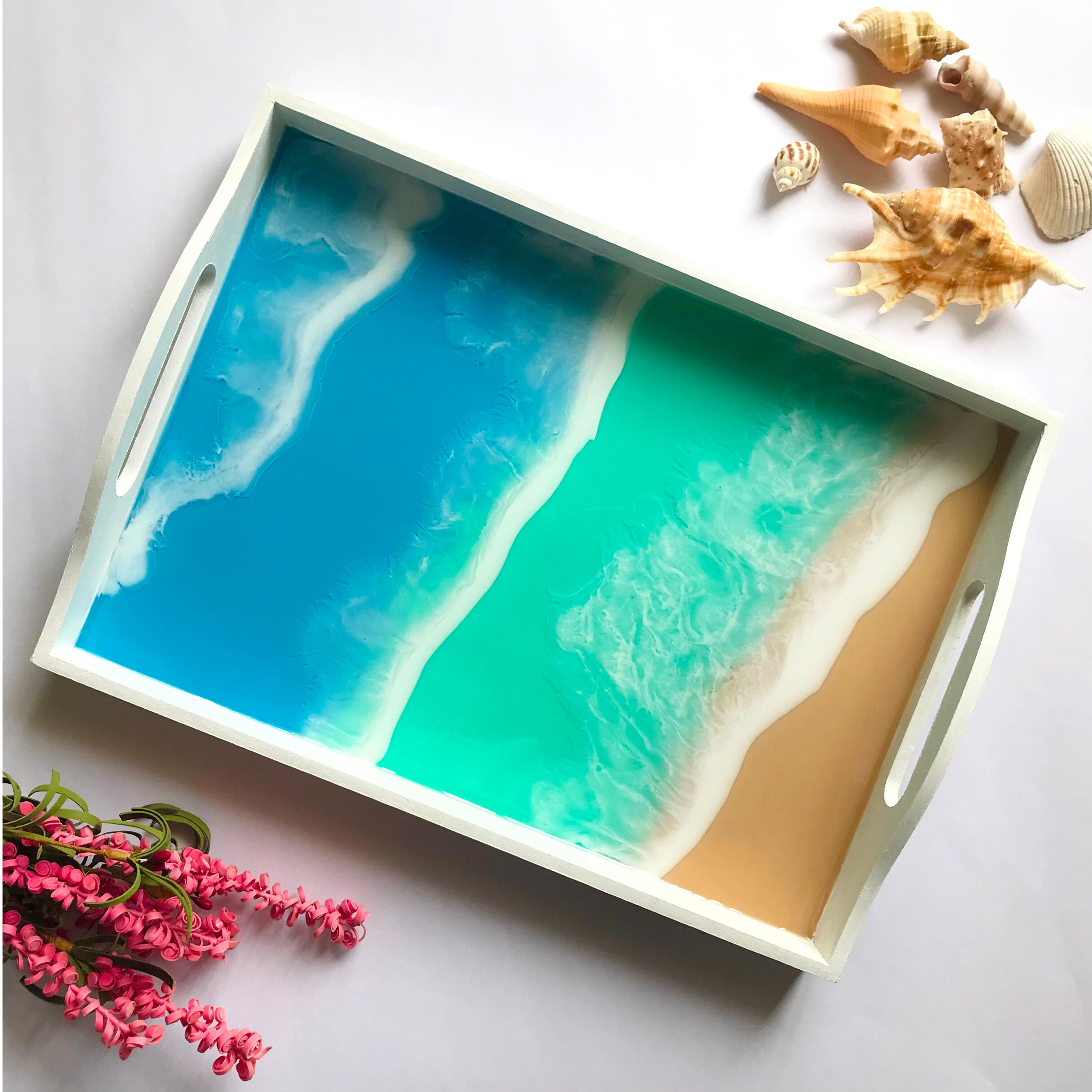 Ocean Resin Serving Tray, White Rectangle Beach Tray, Coastal Home ...