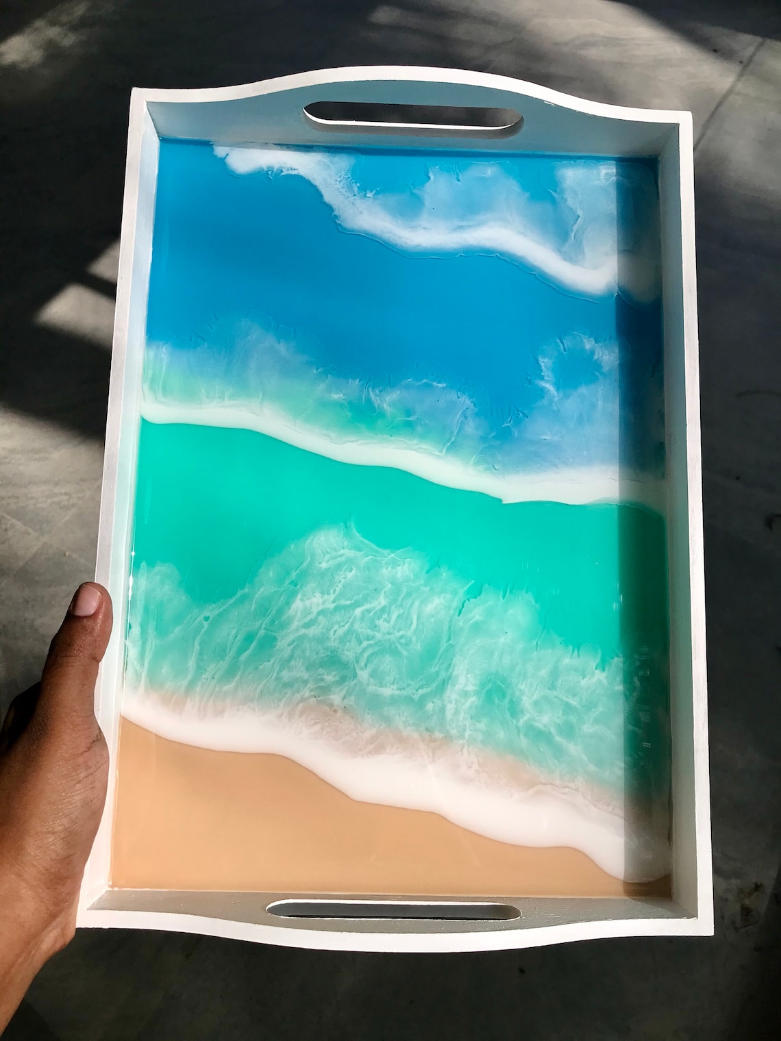 Ocean Resin Serving Tray, White Rectangle Beach Tray, Coastal Home Decor, Epoxy Resin Artworks ...