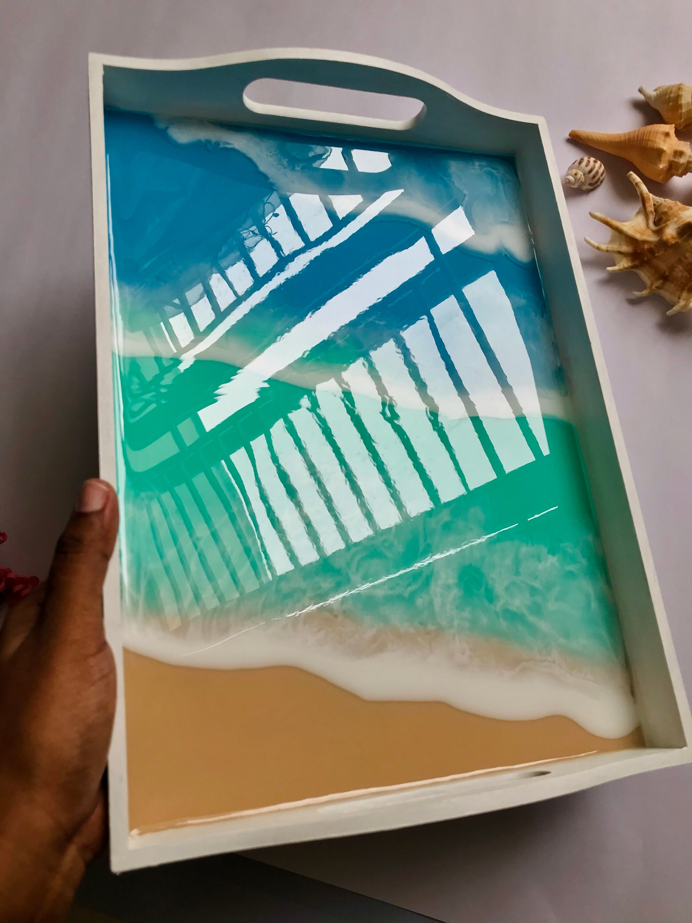 Ocean Resin Serving Tray, White Rectangle Beach Tray, Coastal Home ...