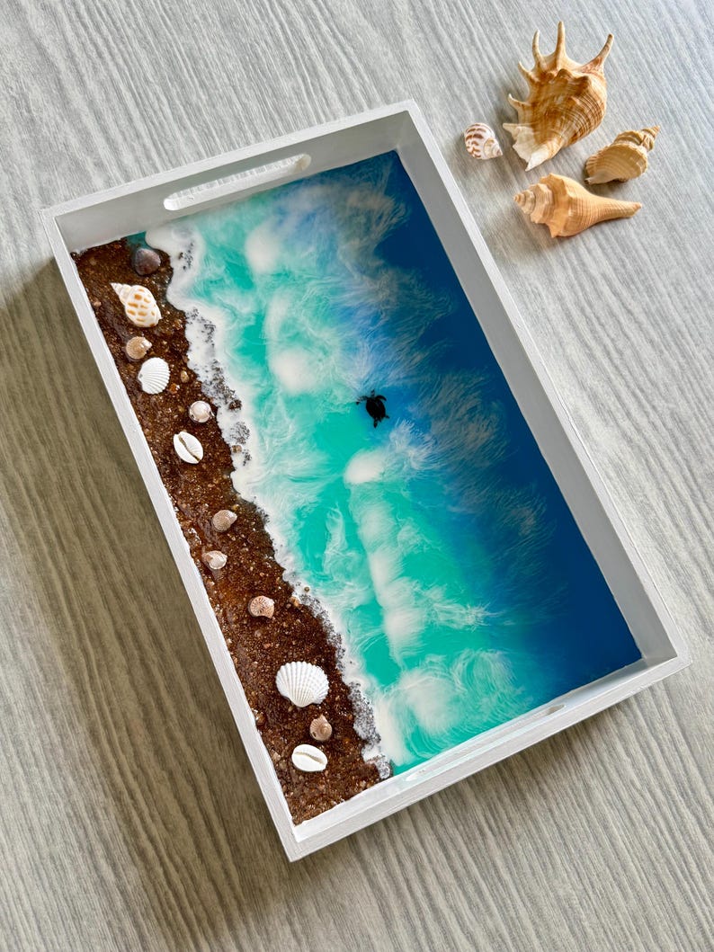 Ocean Resin Serving Tray, White Rectangle Beach Tray, Coastal Home ...