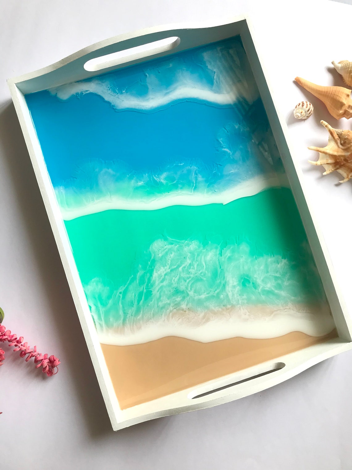 Ocean Resin Serving Tray, White Rectangle Beach Tray, Coastal Home ...