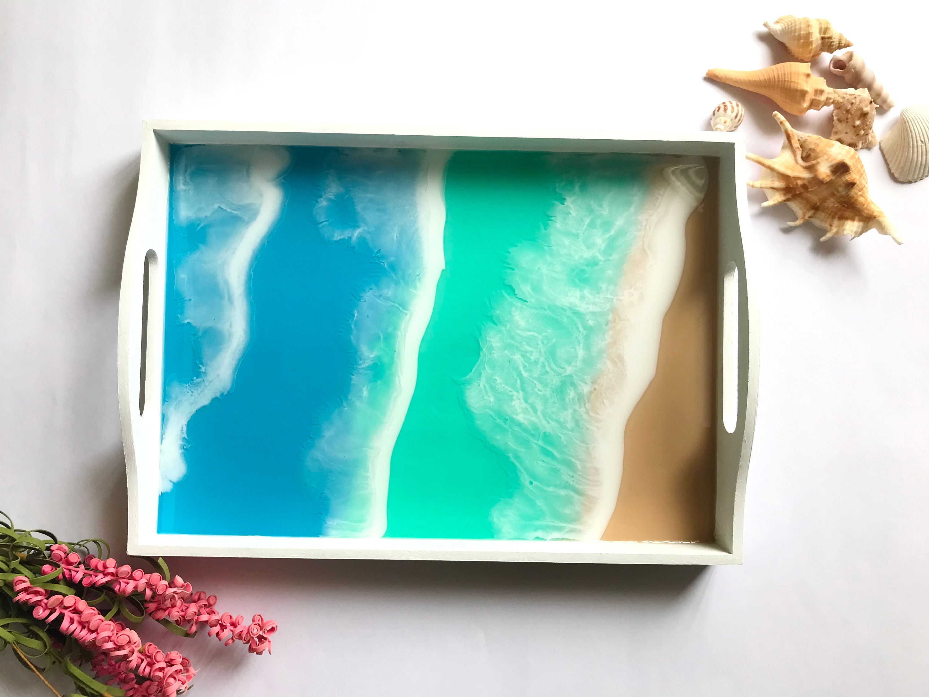 Ocean Resin Serving Tray, White Rectangle Beach Tray, Coastal Home ...