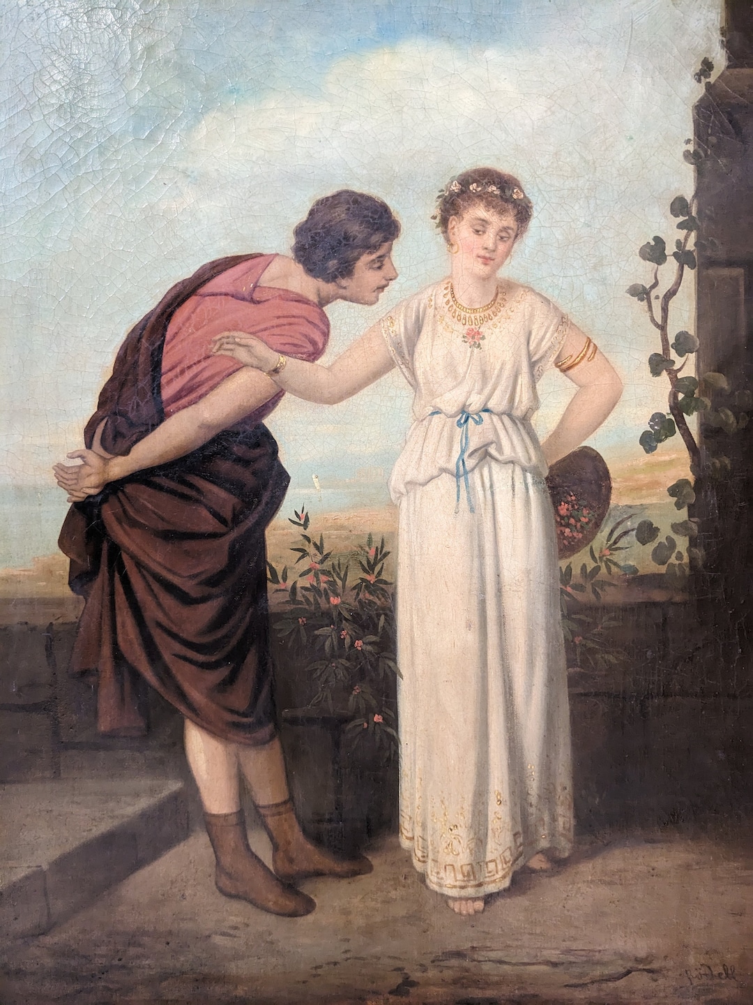 1700's Original Antique Oil Painting romantic Proposition Signed Rudell ...