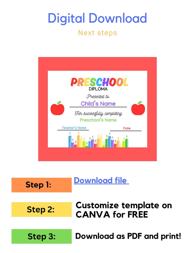 Editable PRESCHOOL DIPLOMA Template - Etsy