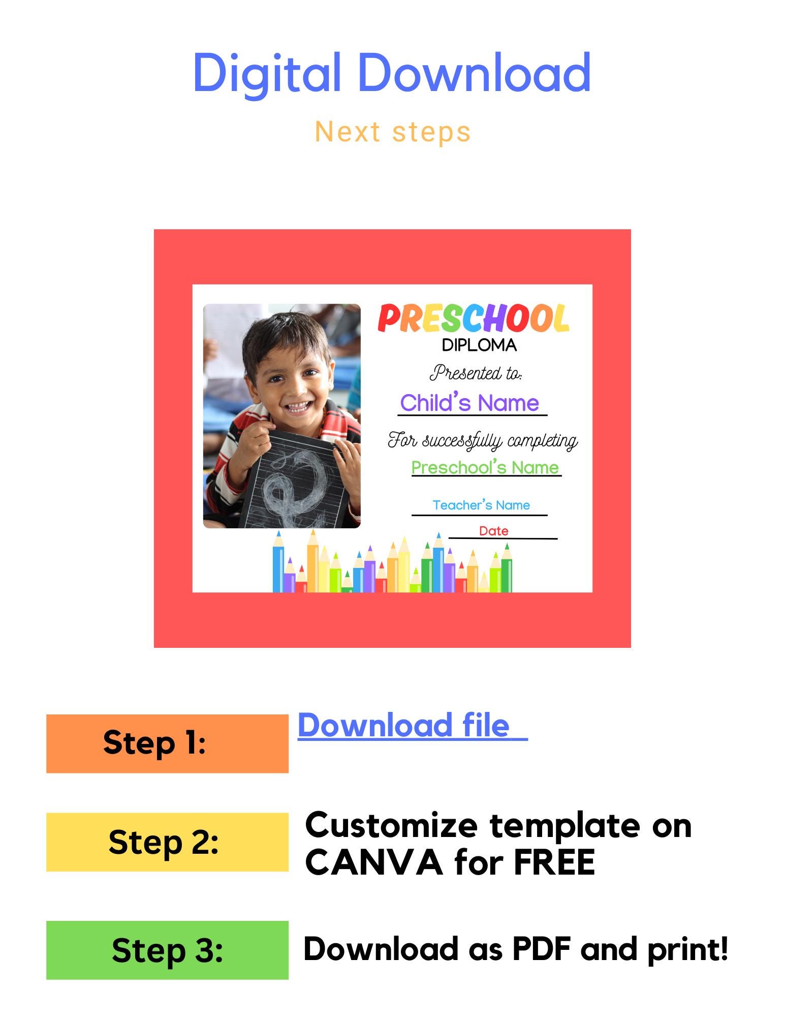 Editable PRESCHOOL DIPLOMA PICTURE Template - Etsy